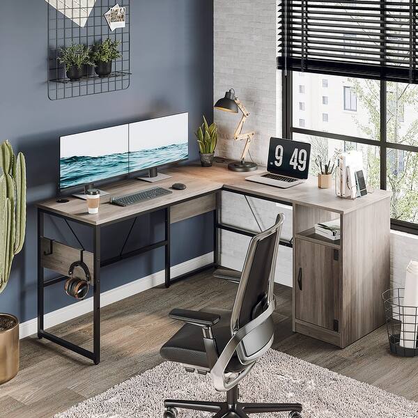 L Shaped Desk with File Cabinet Reversible Computer Desk 60'' Corner ...