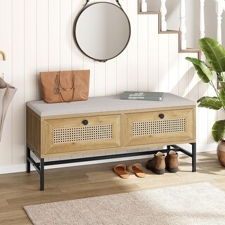 2-in-1 Shoe Storage Bench with Rattan Door Adjustable Shelves - Bed ...
