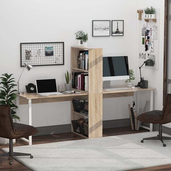 HOMCOM 88” Extra Long 2-Person Computer Desk w/ Bookshelf Combo Double ...