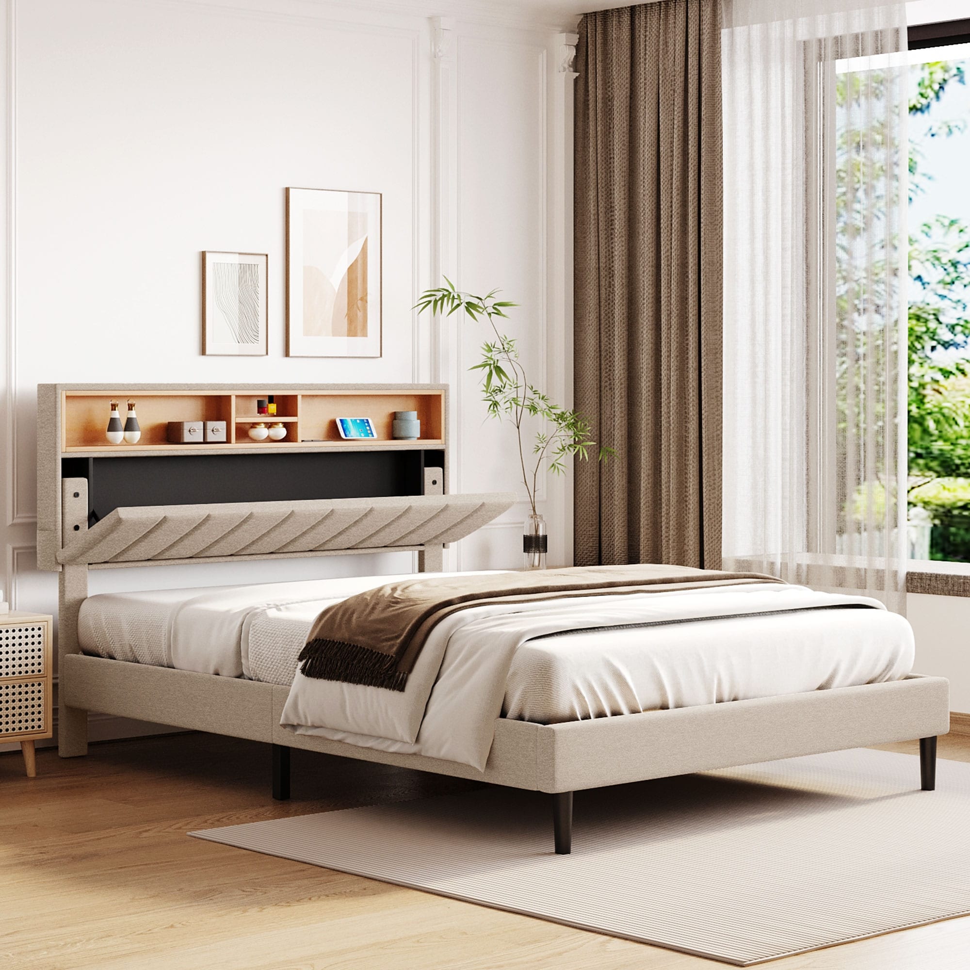 Linen Fabric Upholstered Platform Bed with Storage Headboard and USB ...