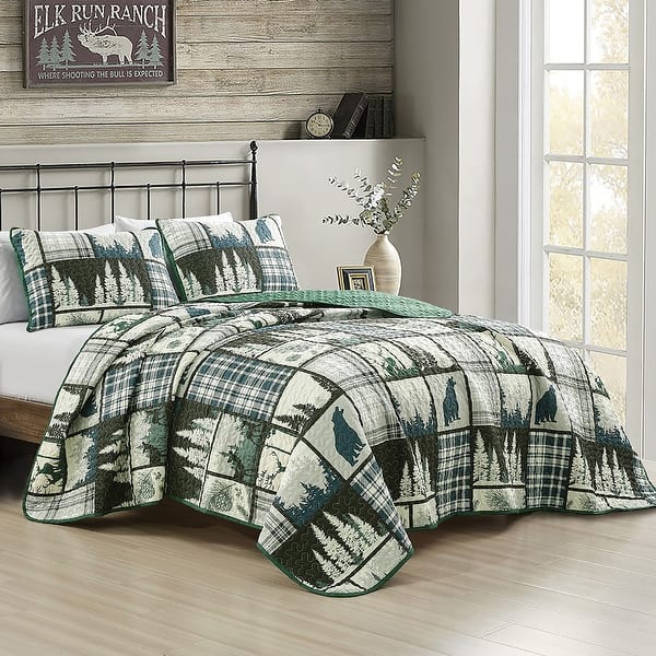 3 Piece Cabin Lodge Rustic Country Bear Reversible Quilt Coverlet ...