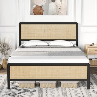 Black Metal Frame Platform Bed with Rattan Headboard and Footboard and ...