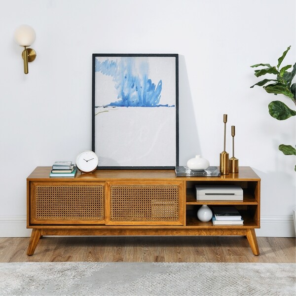 Mid Century Modern Rattan TV Stand for 65 Inch TV Entertainment Cabinet Media Console On Sale Bed Bath Beyond 39700768