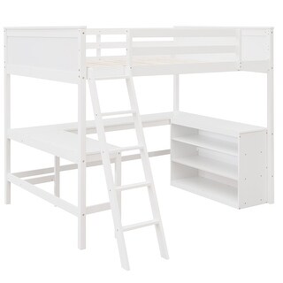 White Full Size Wooden Loft Bed with Desk and Shelves, 79''L*77''W*68.2 ...