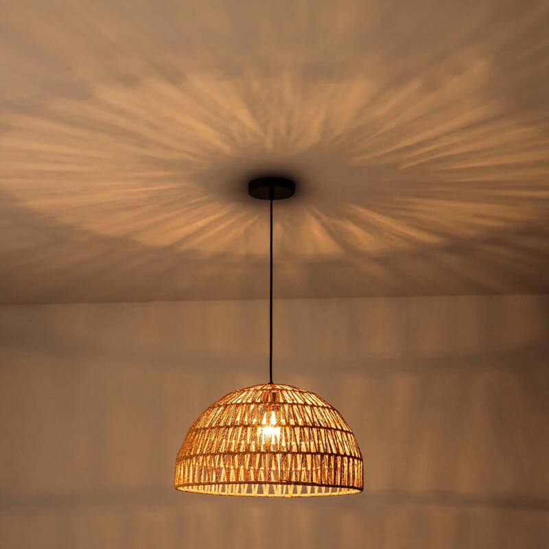 1-Light Modern Farmhouse Bohemian Round Hand-Woven Rattan Flush Mount ...