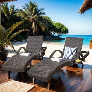 80'' Outdoor Chaise Lounge Chairs Set of 2, Pull-out Side Table, Brown ...