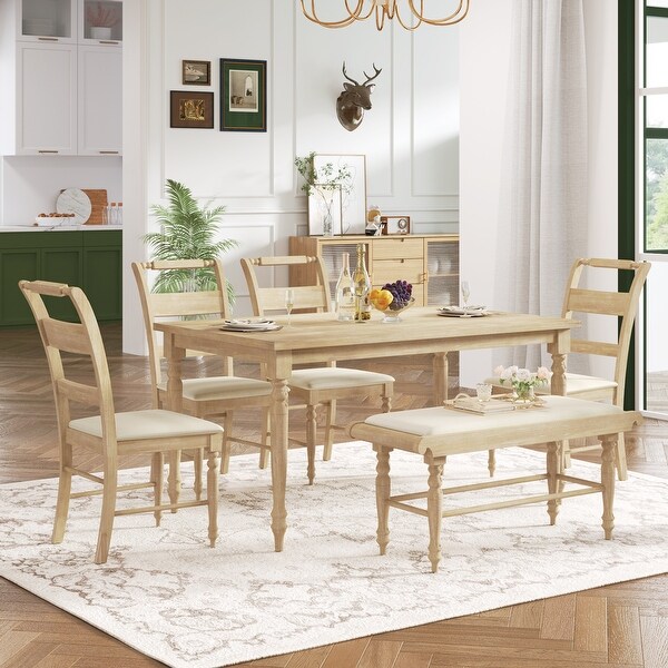 6 piece Dining Table Set with Turned Legs Retro Style Wooden Home Kitchen Table Set with 4 Upholstered Dining Chairs and Bench Bed Bath Beyond 40608462