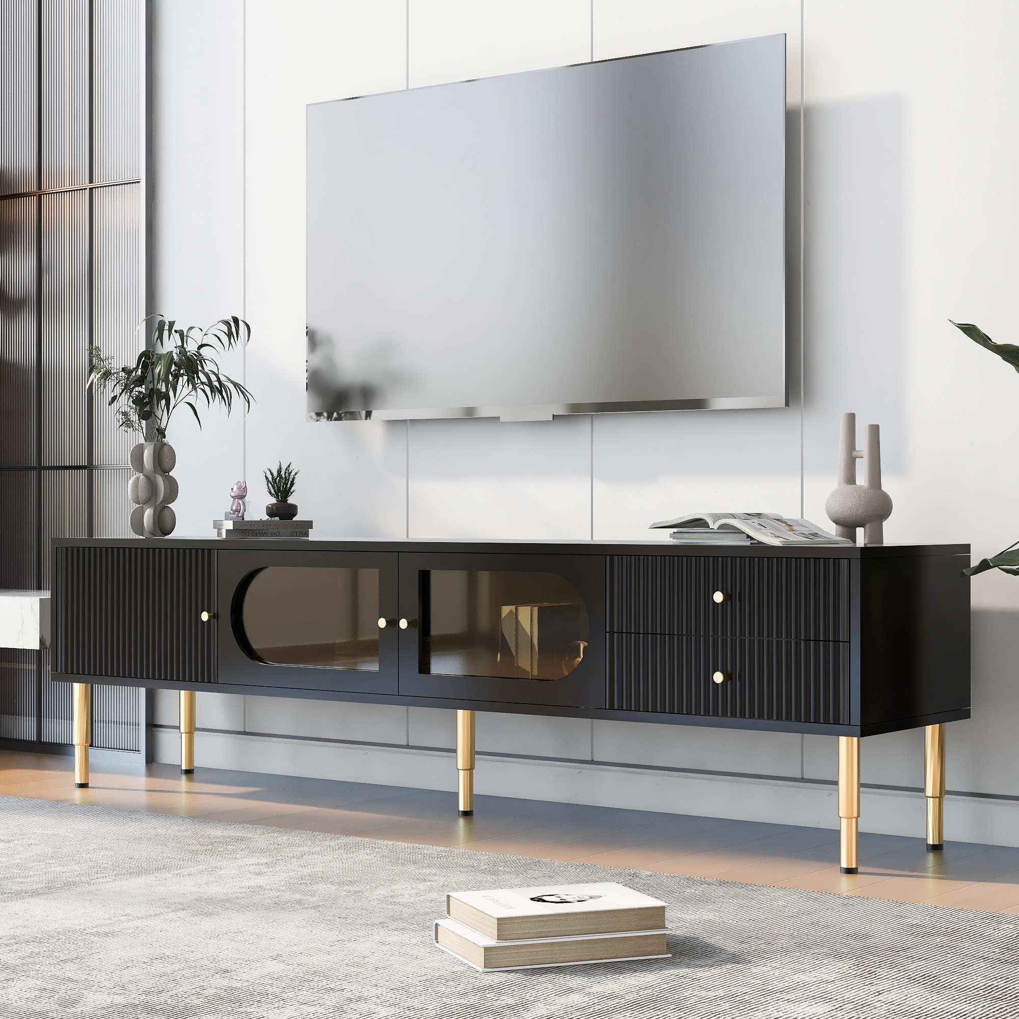 TV Stand Media Entertainment Center with Storage Cabinet Wood TV Console Table for Living Room Bedroom TVS Up to 80