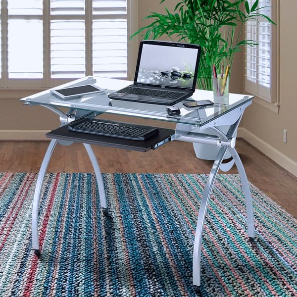 Contempo Clear Glass Top Computer Desk with Pull Out Keyboard Panel ...