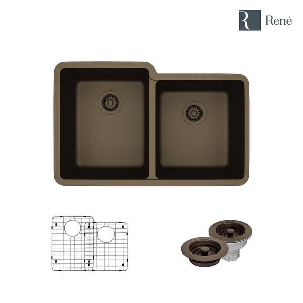 Offset Double Bowl Granite Quartz Kitchen Sink with Two Grids and ...