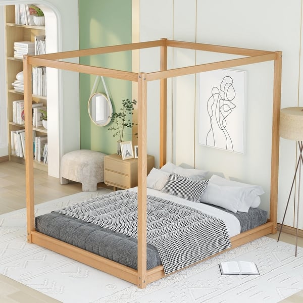 Queen Size Modern Floor Wooden Canopy Platform Bed with Support Legs ...
