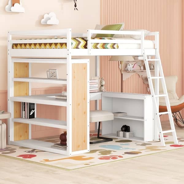 Wooden Student Loft Bed with 4-Tier Shelves and L-Shaped Desk - Bed ...