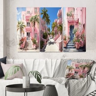 Designart "Pink Miami Artful Facades II" Floral Wall Art Set Of 3 ...