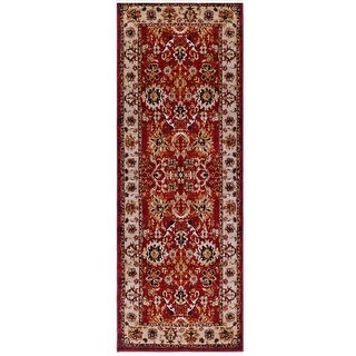 2'7" x 7'3" Dark Red and White Victorian Floral Pattern Machine Woven ...