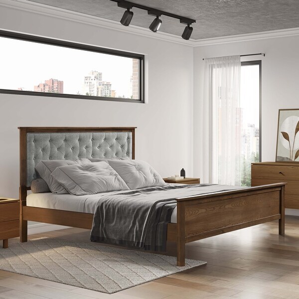 LuxenHome Farmhouse Gray Upholstered Queen Platform Bed Headboard and Wood Footboard Set