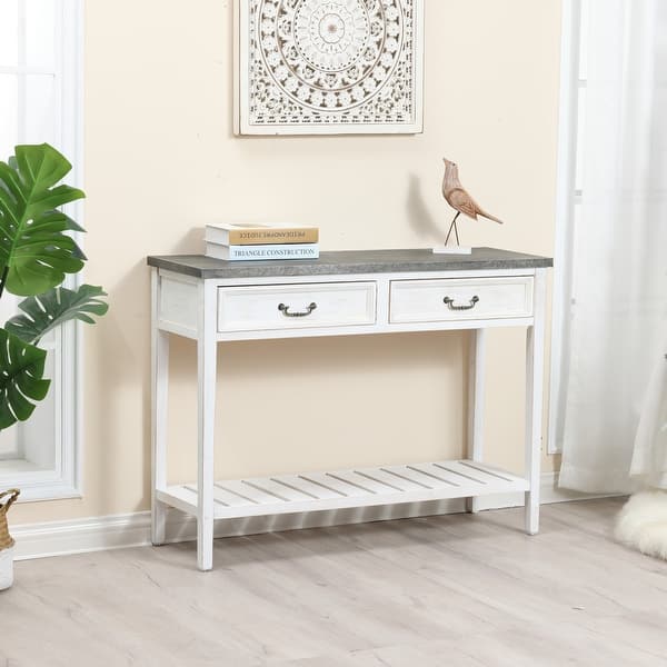 Farmhouse Distressed White Wood and Galvanize Top Console Table - 31.5 ...