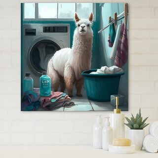 Designart 'Funny Llama In Laundry II' Animals Canvas Wall Art - Bed ...