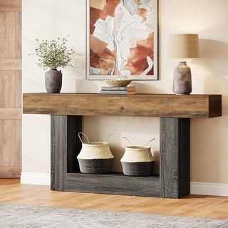 63 Inches Brown/ Gray Wood Console Table, Farmhouse Entryway Table for ...