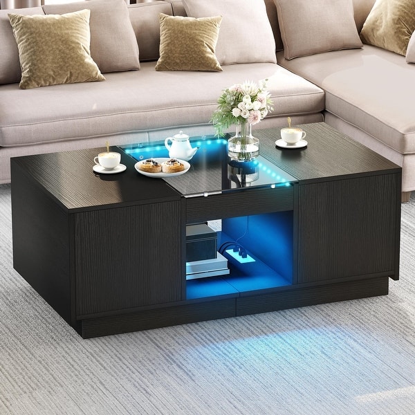 Modern Wood Coffee Table with Storage Drawers and LED Lighting - Bed ...