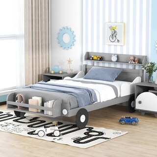 Gray Pine Wood Car Platform Bed with Storage Shelves, Strong ...