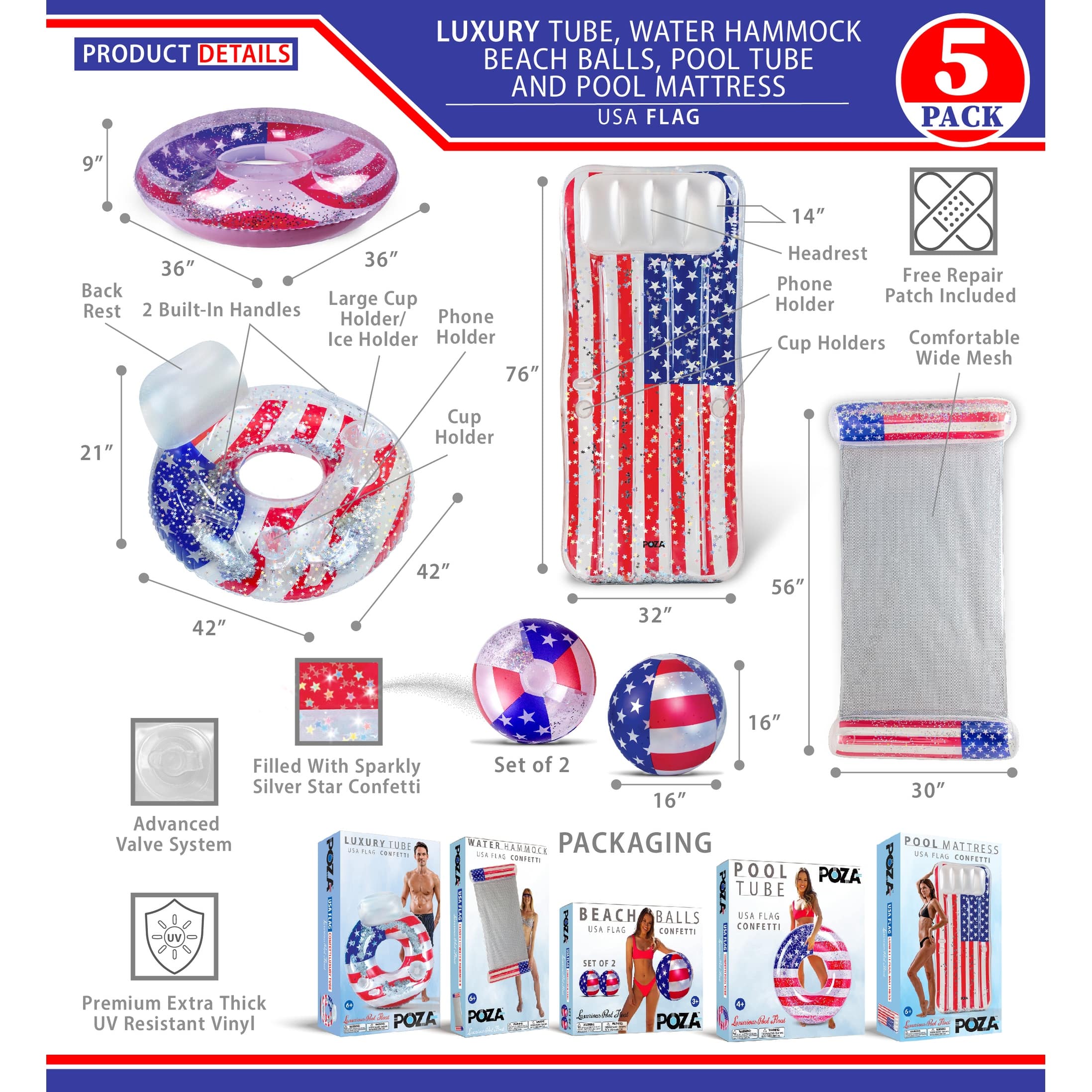 POZA Inflatable USA Flag Pool Floats Collection with Sparkle Confetti ...