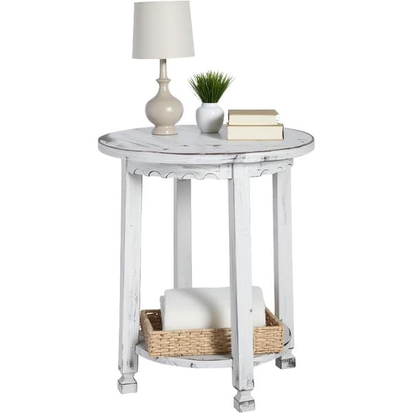 Round End Table with Shelf, White Antique, 20"x20"x24", Farmhouse Style ...