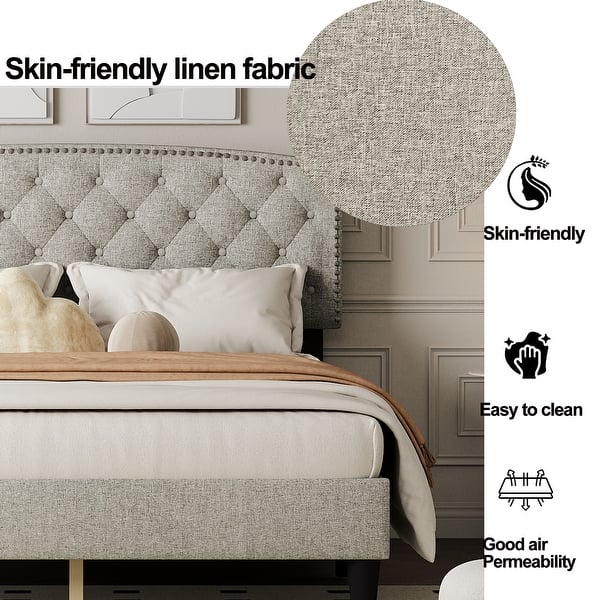 King size Adjustable Headboard with Fine Linen Upholstery and Button ...