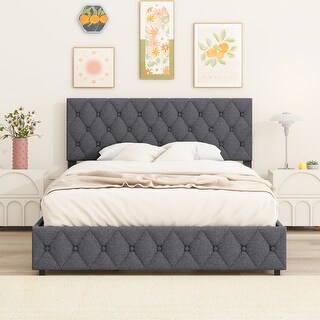Grey Full Size Upholstered Bed with 4 Storage Drawers & Adjustable ...