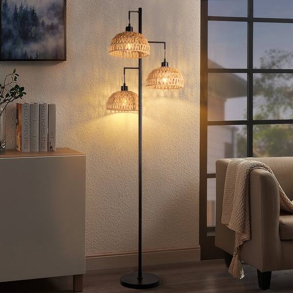 3-Lights Farmhouse Industrial Black Standing Lamp Wicker Rustic Tall ...