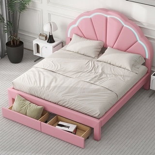 Queen Size Upholstered Platform Bed with Seashell Shaped Headboard, LED ...