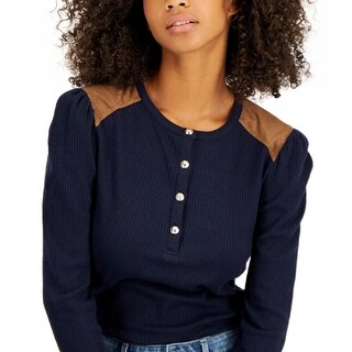Tommy Hilfiger Women's Faux Suede Trim Henley Top Blue Size Small - Bed ...