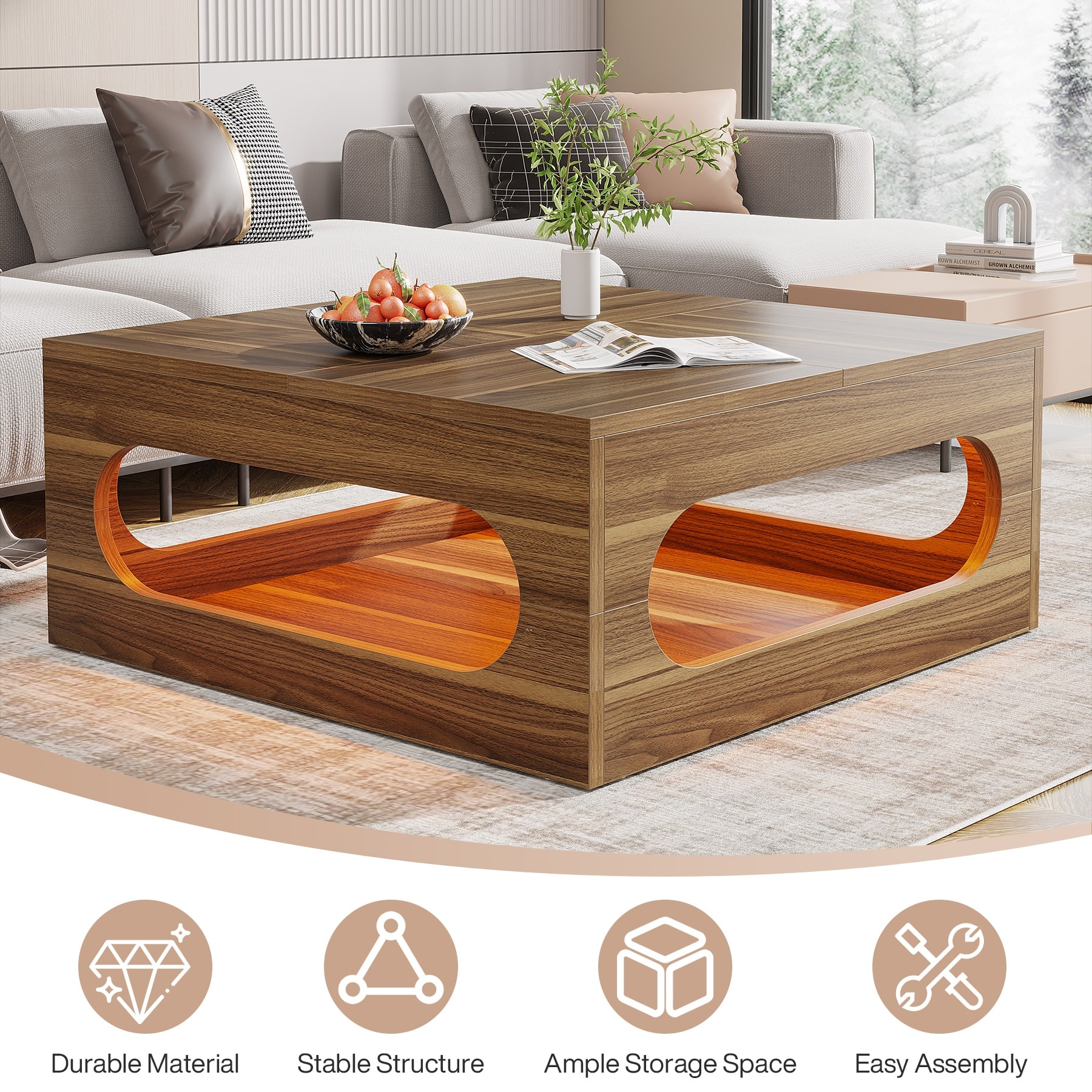 43 Inch Squre Coffee Table with LED Light 2 tier Wood Cocktail Center Table with Storage for Living Room Home Office On Sale Bed Bath Beyond 40395869