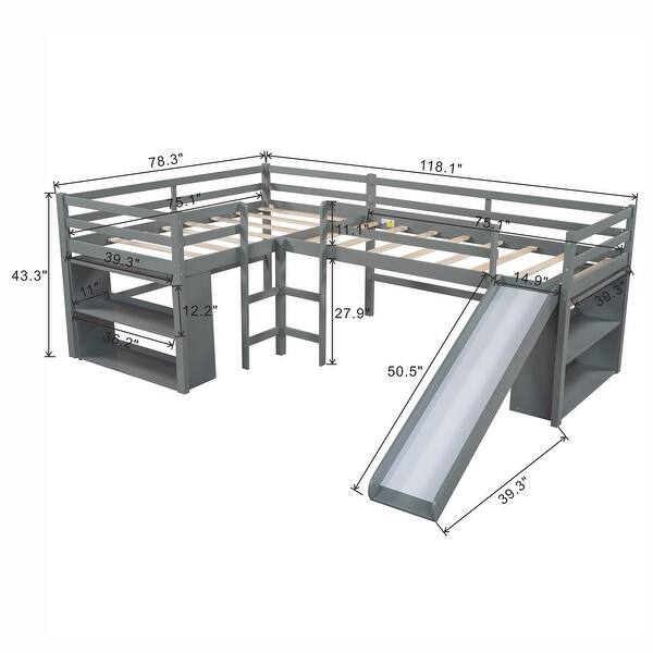 L-Shaped Loft Bed with Movable Two-Tier Shelves and Slide Twin Size ...