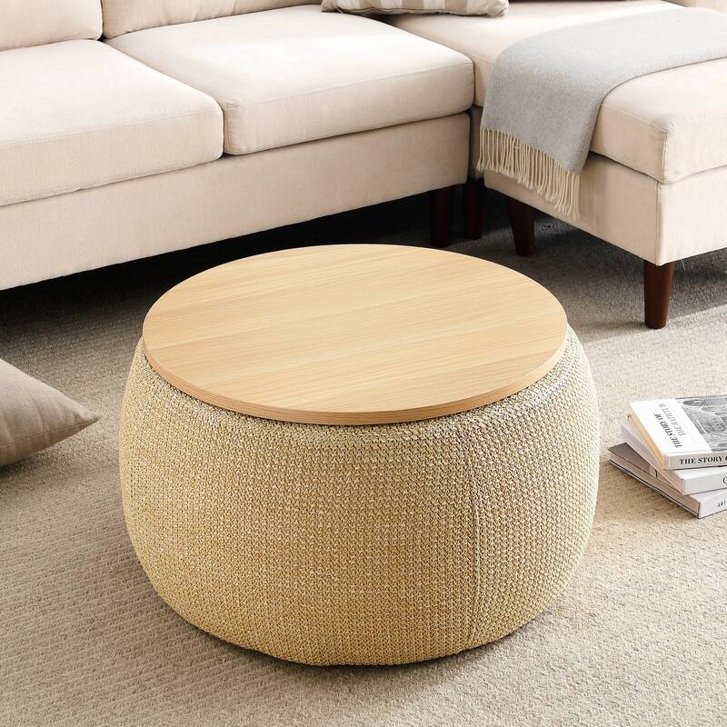 Round Storage Ottoman, 2 in 1 Function, Work as End table and Ottoman ...