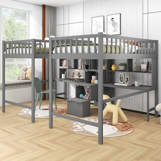 Pine Wood Loft Bed with Two Built-in Desks, Shelves, and Storage ...