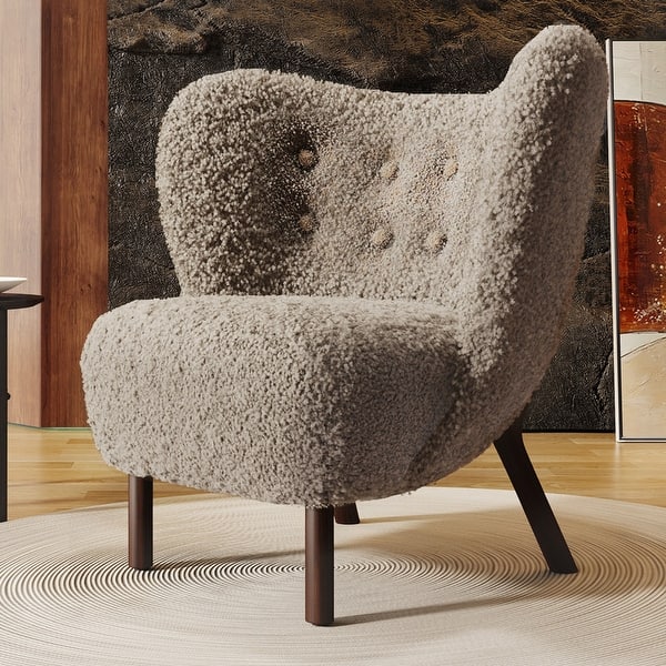 Accent Chair Lambskin Sherpa Wingback Tufted Side Chair with Solid Wood ...