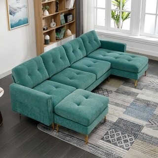 110" Velvet Convertible Couch w/Movable Ottoman L-Shape Sectional Sofa ...