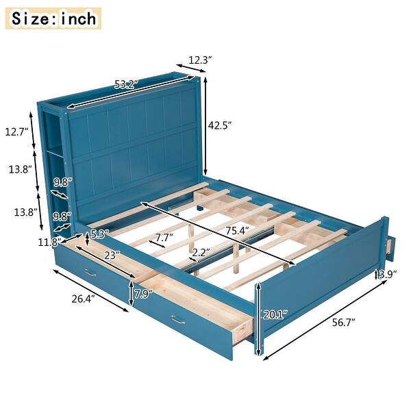 Full Size Platform Bed with Drawer, Storage Shelves, Classic Vintage ...