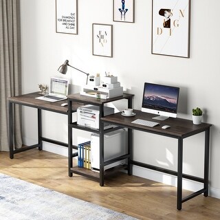 96.9" Two Person Computer Desk with Storge Shelves, Double Workstation ...