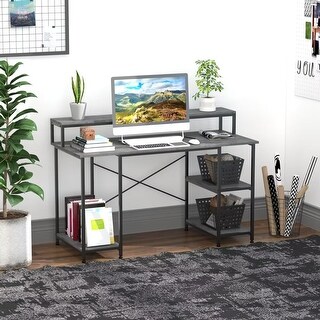 55" Workstation with Storage Shelves, Elevated Monitor Shelf,CPU Stand ...