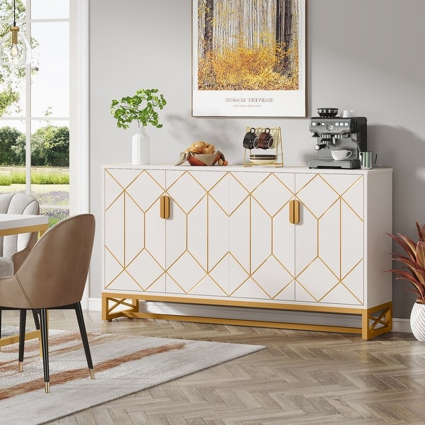 White Gold Buffet Cabinet with Storage Modern Kitchen Sideboard Storage ...