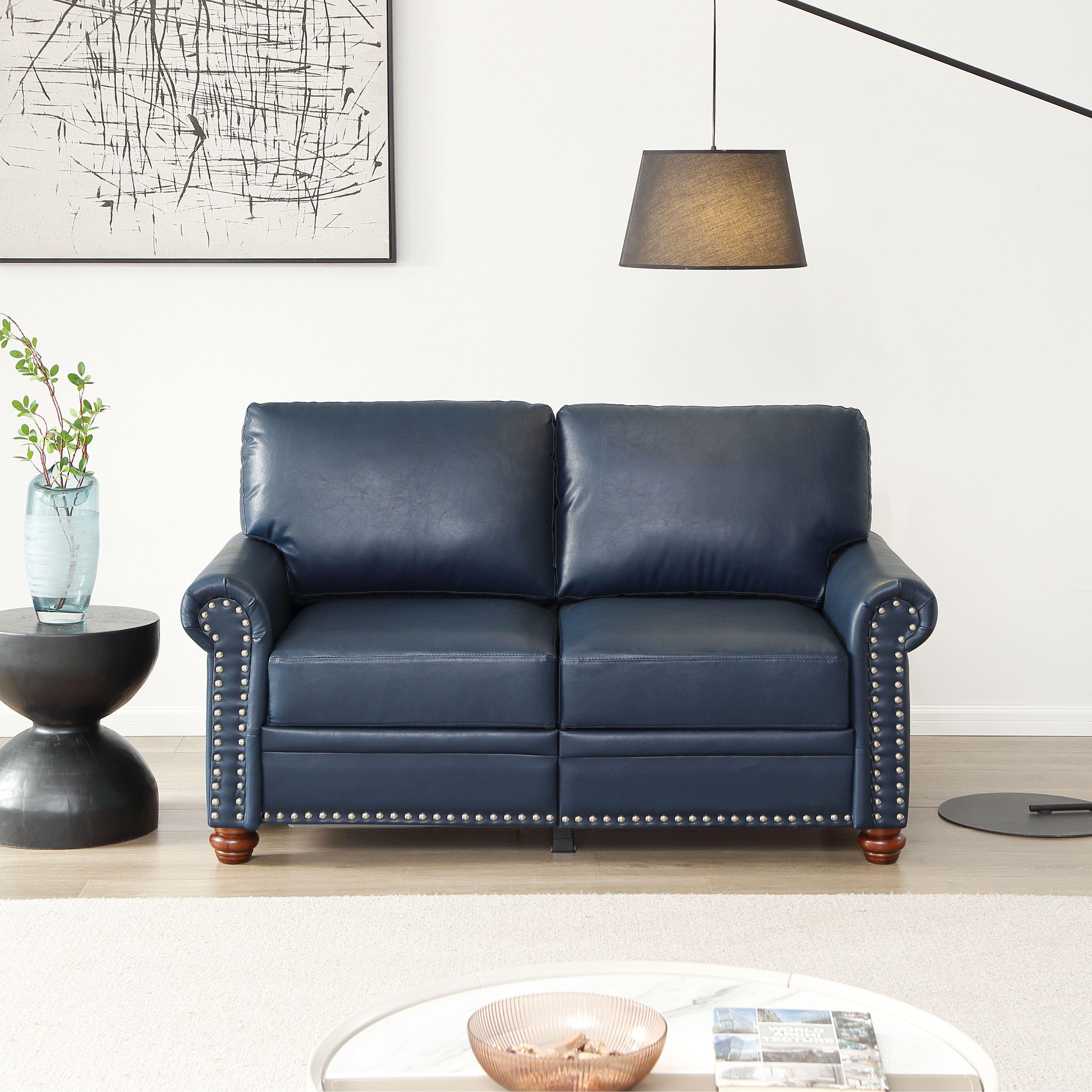 59.45 Navy Blue Faux Leather Loveseat Sofa Deep Seat Upholstered Loveseat Couch with Nailheads Round Armrest and Storage Box Bed Bath Beyond 39579774