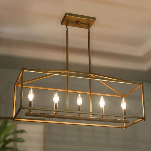 Modern Gold 5-Light Rectangle Chandelier Linear Kitchen Island Lights ...