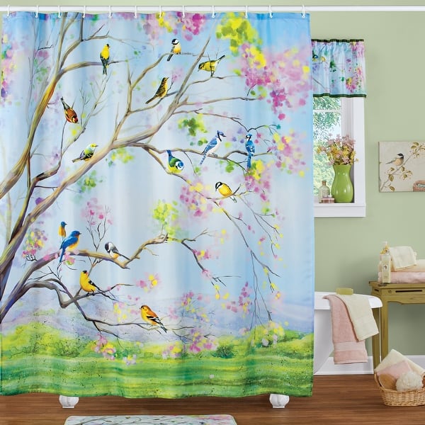 Colorful Birds on Branch Shower Curtain with 12 Hooks - Bed Bath ...
