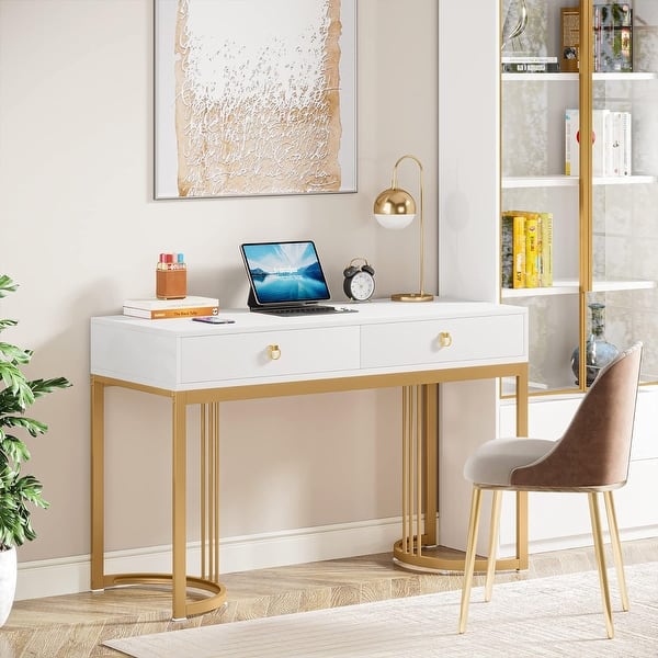 White and Gold Computer Desk with 2 Drawers - On Sale - Bed Bath ...