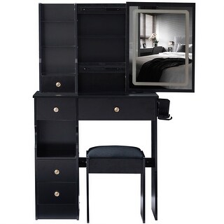 29.2" Small Size Left Drawer Desktop Vanity Table + Cushioned Stool ...