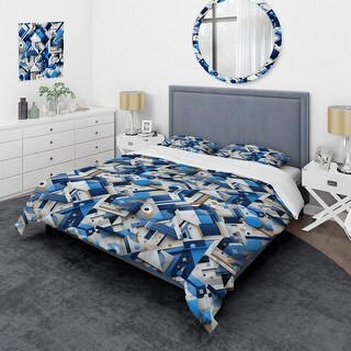 Designart "Blue And White Matrix Grid" White Modern Bed Cover Set With ...