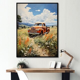 Designart "Coral Pickup Truck Luminous Meadows" Pickup Truck Framed ...