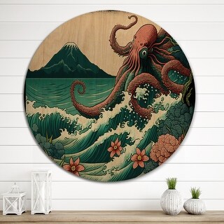 Designart "Japanese Landscape With Octopus I" Japanese / Country Wood ...