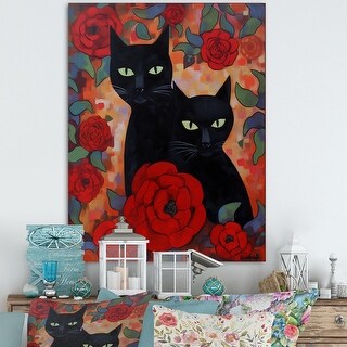 Designart "Two Black Cats With Red Roses Painting" Animals Cat Canvas ...